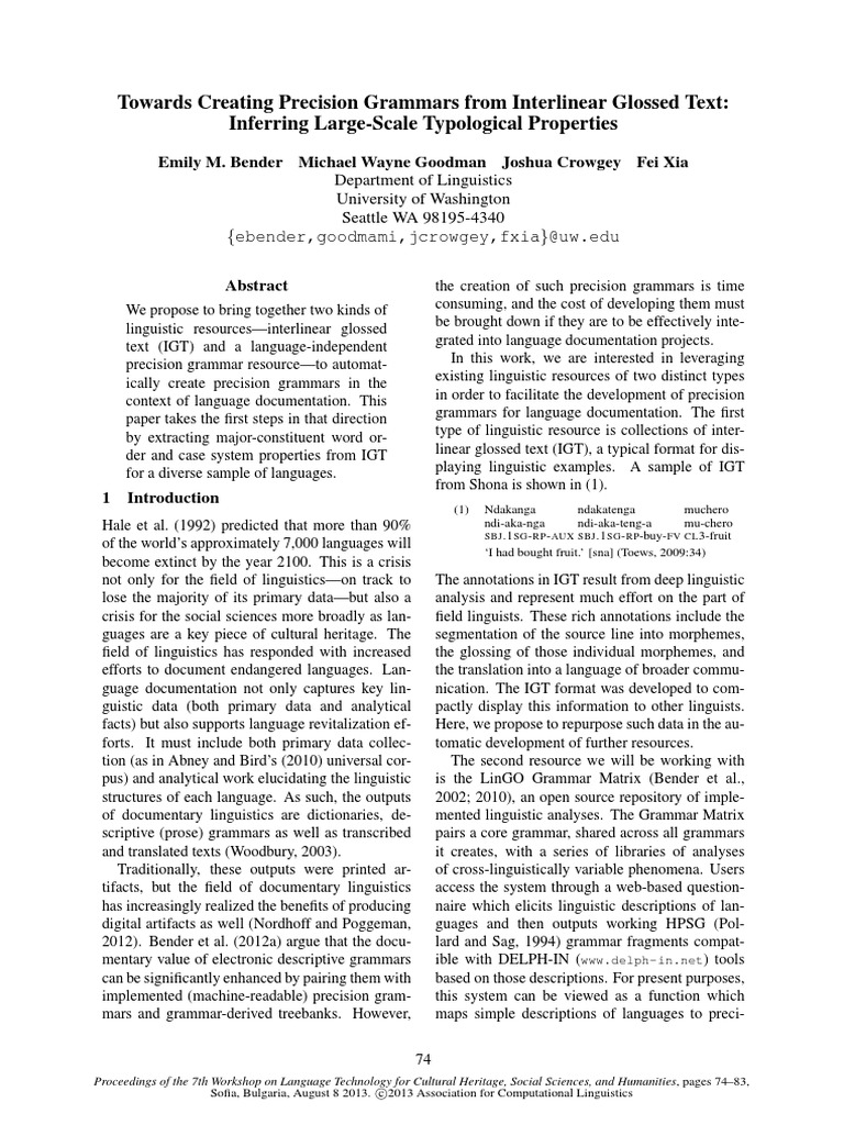 Leveraging Interlinear Glossed Text to Automatically Create Precision Grammars | PDF | Parsing ...