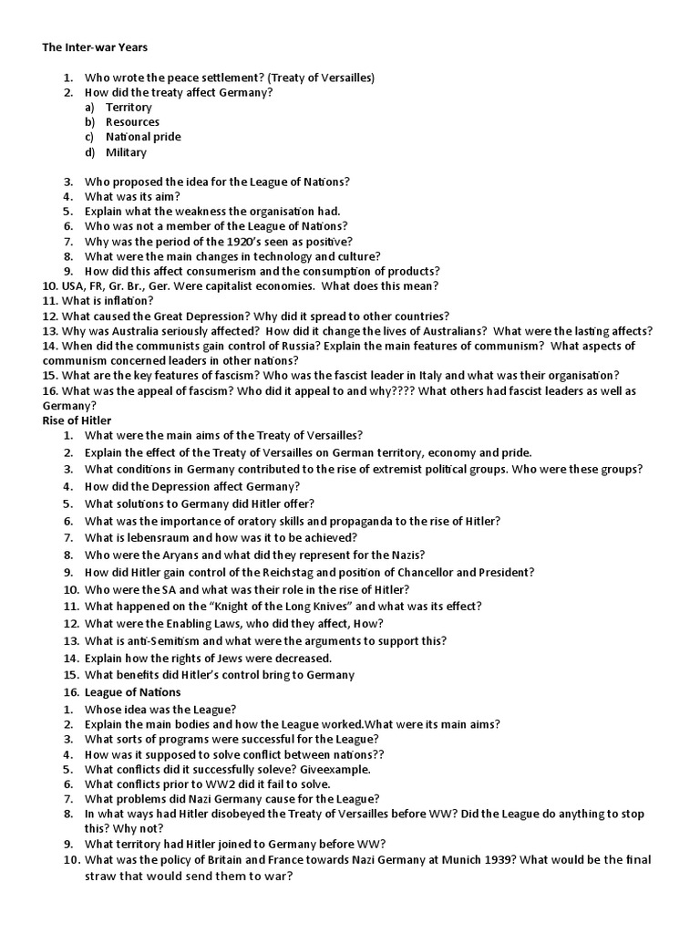 The Inter-War Years Revision | PDF | Adolf Hitler | Fascism