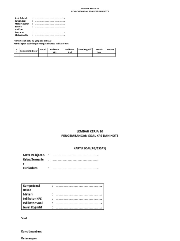 Lembar Kerja Pengembangan Soal KPS Dan HOTS | PDF