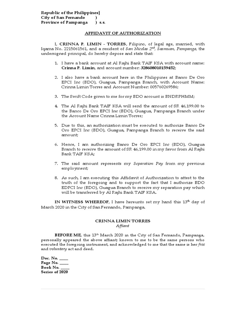 Affidavit of Authorization (Sample) | PDF