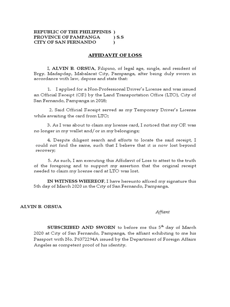Affidavit of Loss (Sample) | PDF