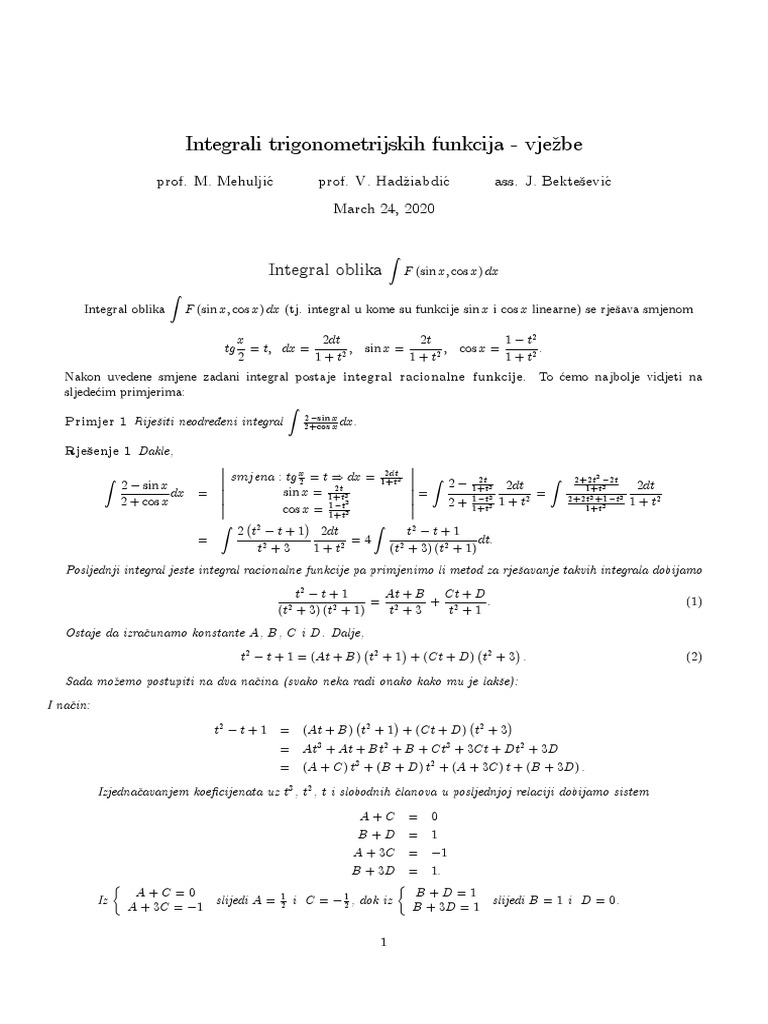 01 - Integrali Trigonometrijskih Funkcija | PDF