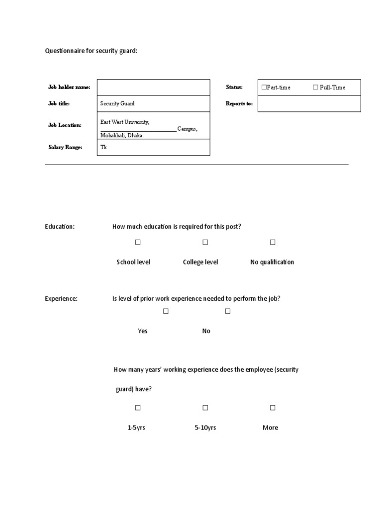 Security Guard Job Questionnaire | PDF | Psychological Concepts ...