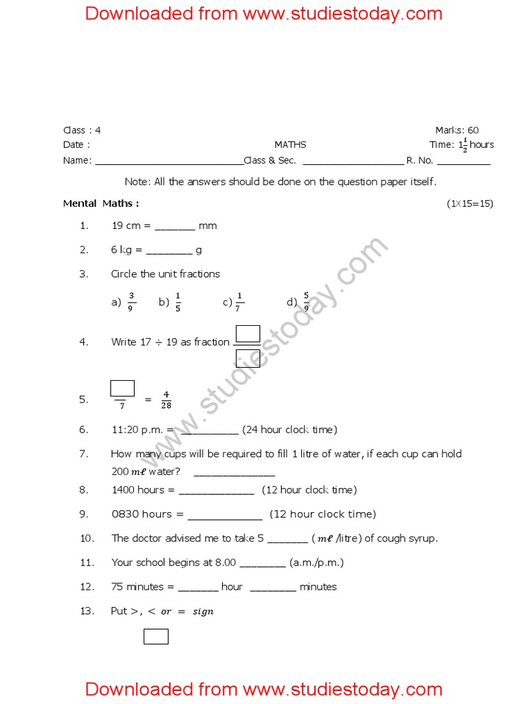 CBSE Class 4 Mathematics Sample Paper Set E - 4 PDF | Download Free PDF ...