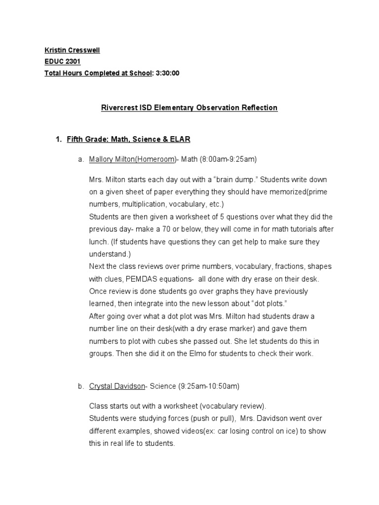 School Observation Mini - Reflection | PDF | Cognition | Learning