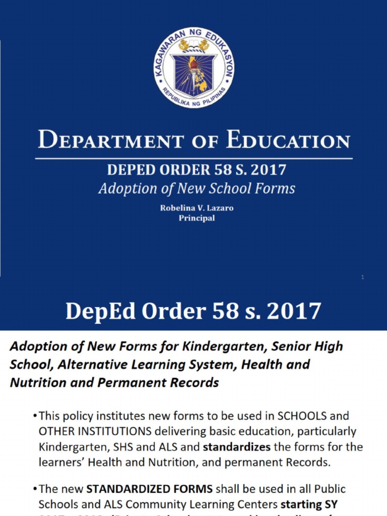 Adoption of New School Forms: Deped Order 58 S. 2017 | PDF