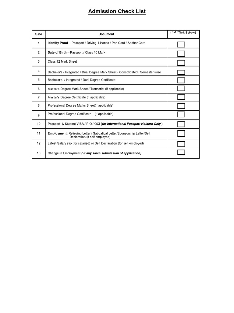 Admission Check List: S.no Document (" "Tick Below) | PDF