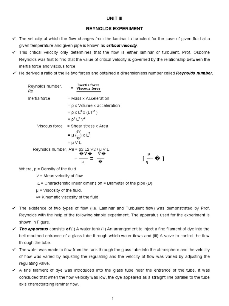 Unit Iii Reynolds Experiment: Inertia Force Viscous Force | PDF | Reynolds Number | Viscosity