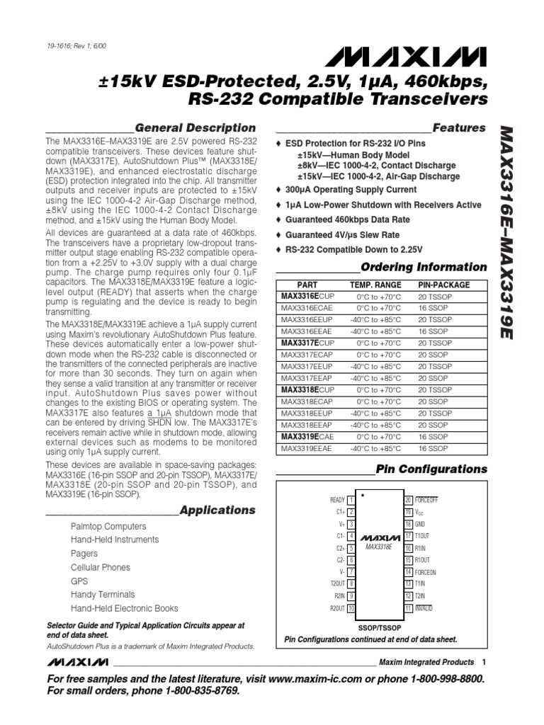 15kV ESD-Protected, 2.5V, 1 A, 460kbps, RS-232 Compatible Transceivers | PDF | Electrostatic ...