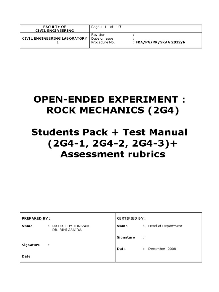 Open-Ended Experiment: Rock Mechanics (2G4) Students Pack + Test Manual ...
