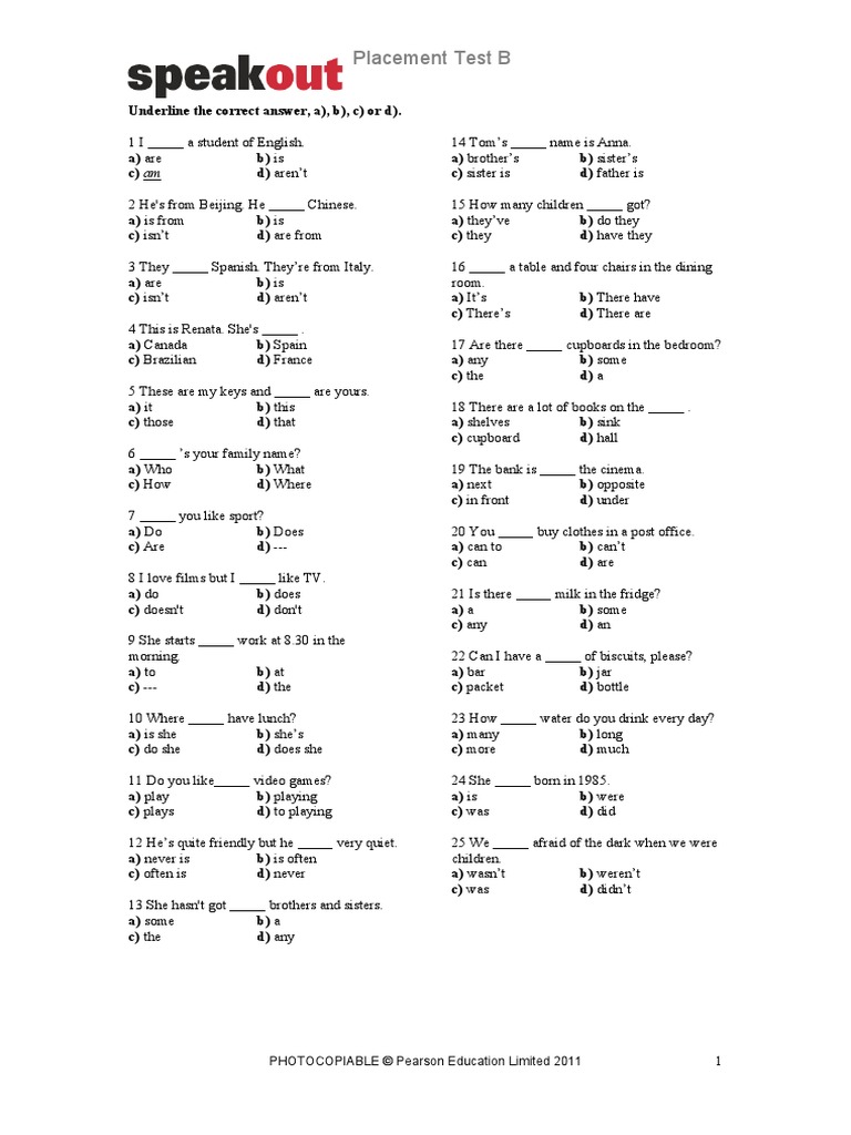 Placement Test B: PHOTOCOPIABLE © Pearson Education Limited 2011 | PDF