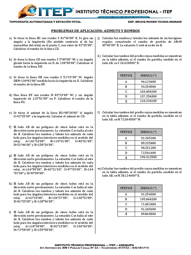 EJERCICIOS AZIMUT Y RUMBO Topografia | PDF | Azimut | Objetos geométricos
