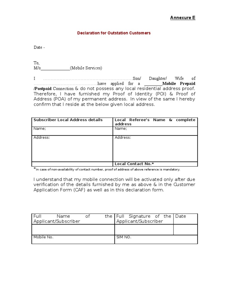 Annexure E: Outstation Customer Declaration | PDF | Telecommunications ...