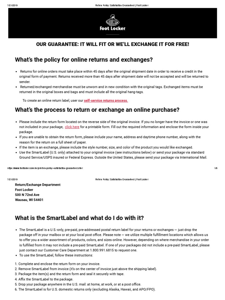 Return Policy - Satisfaction Guaranteed - Foot Locker | PDF | Receipt ...