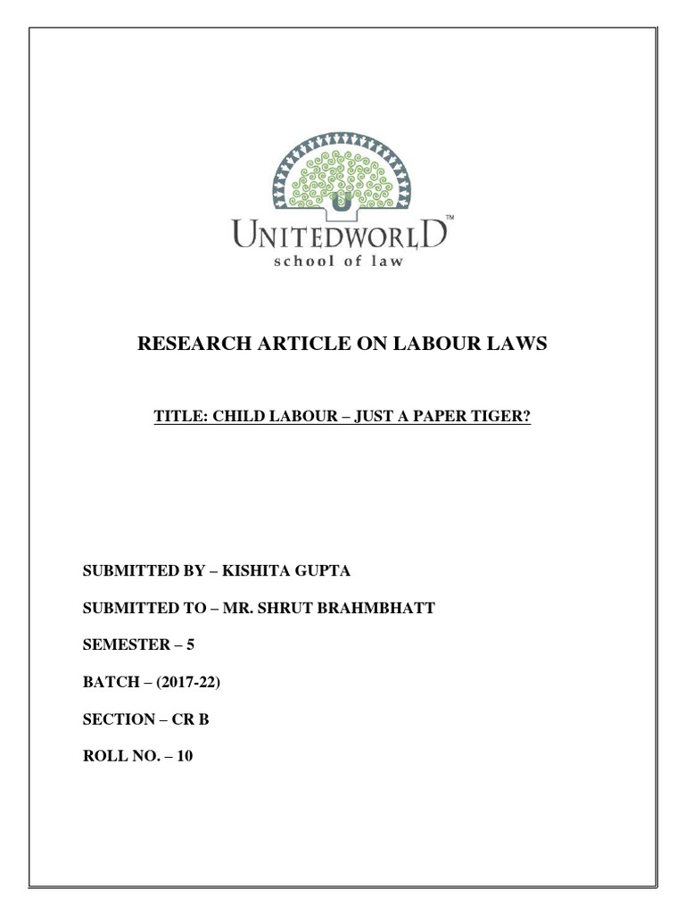 Research Article On Labour Laws: Title: Child Labour - Just A Paper ...