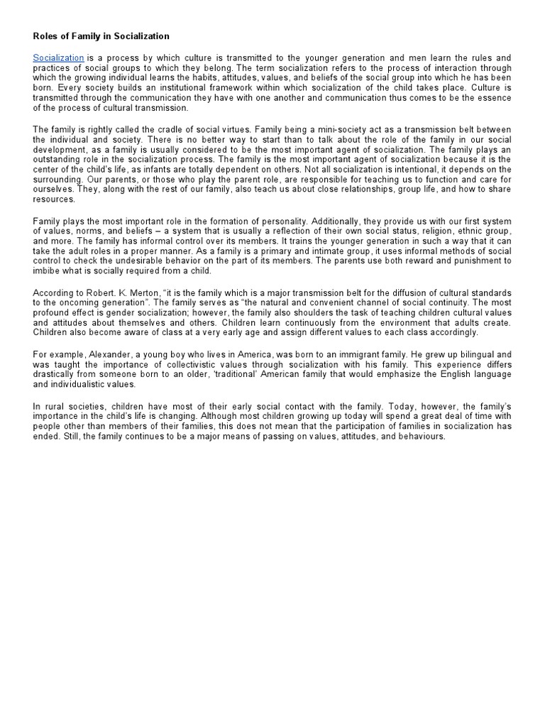 Roles of Family in Socialization | PDF | Socialization | Family