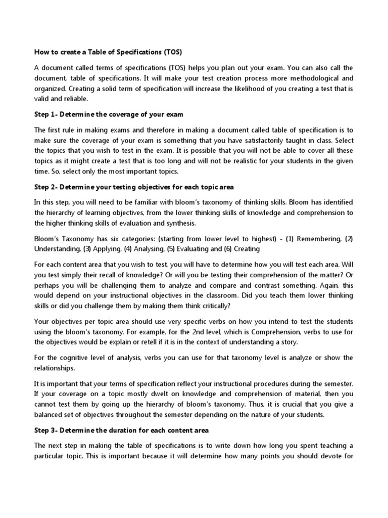 How To Create A Table of Specifications | PDF | Test (Assessment ...