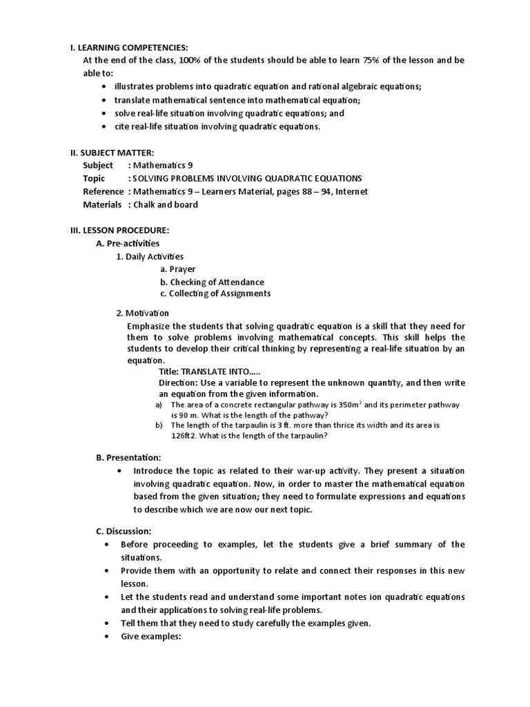 Solving Problems Involving Quadratic Equations | PDF | Area | Equations