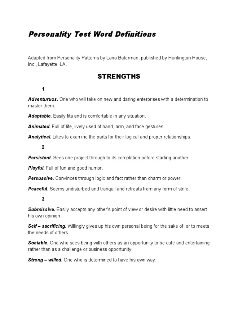 Personality Test Word Definitions: Strengths | PDF | Anger ...