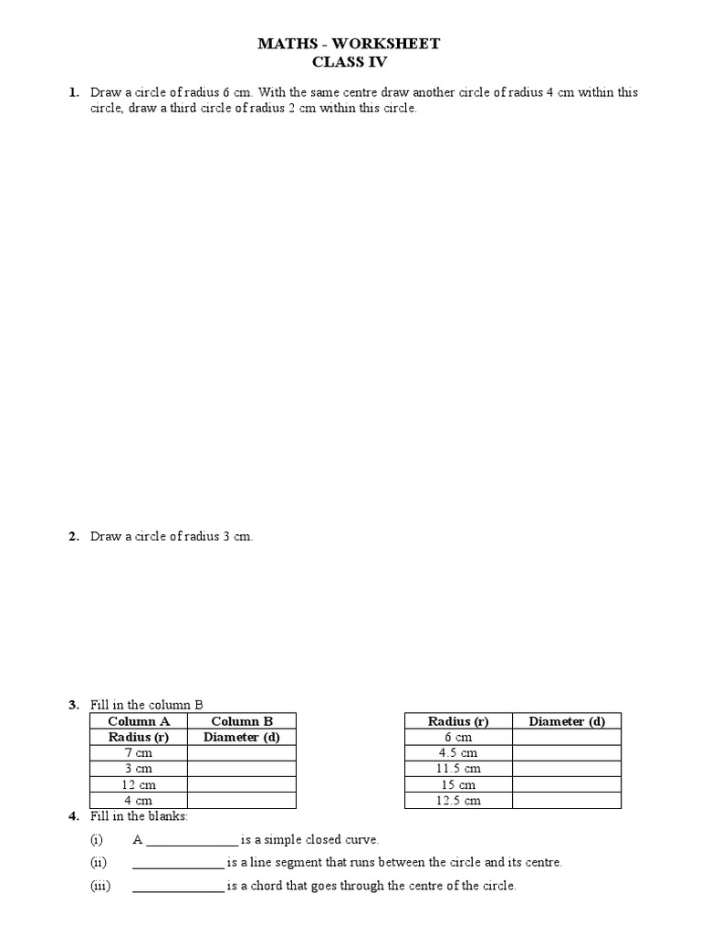 Maths Class IV Worksheet For See | PDF | Circle | Diameter