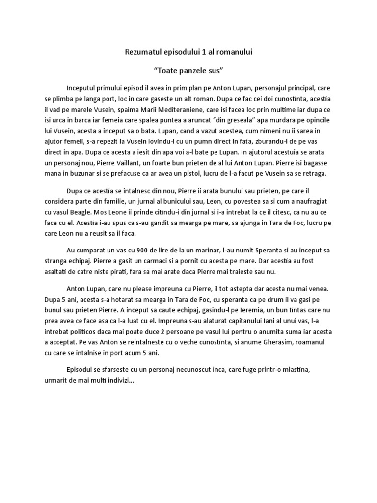 Rezumatul Episodului 1 Al Romanului Toate Panzele Sus | PDF