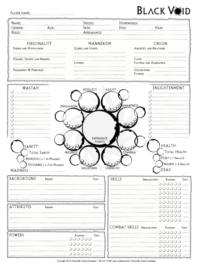 Black Void - Character Sheet PDF | PDF | Leisure | Sports