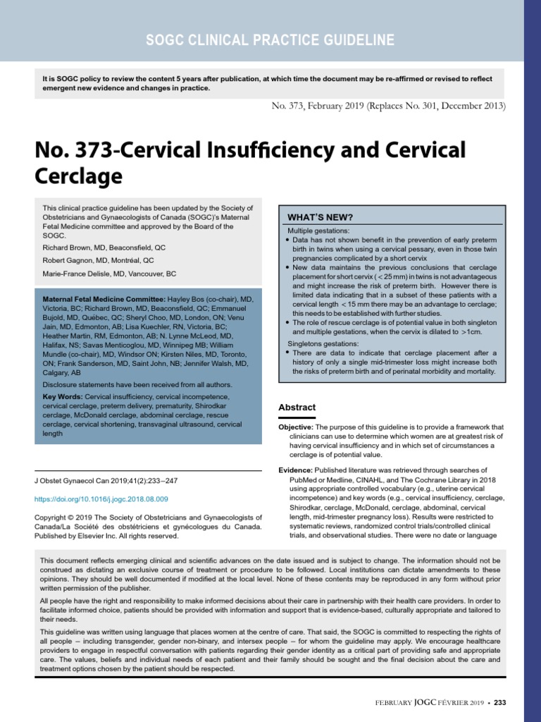 No. 373-Cervical Insuf Ficiency and Cervical Cerclage: Sogc Clinical ...