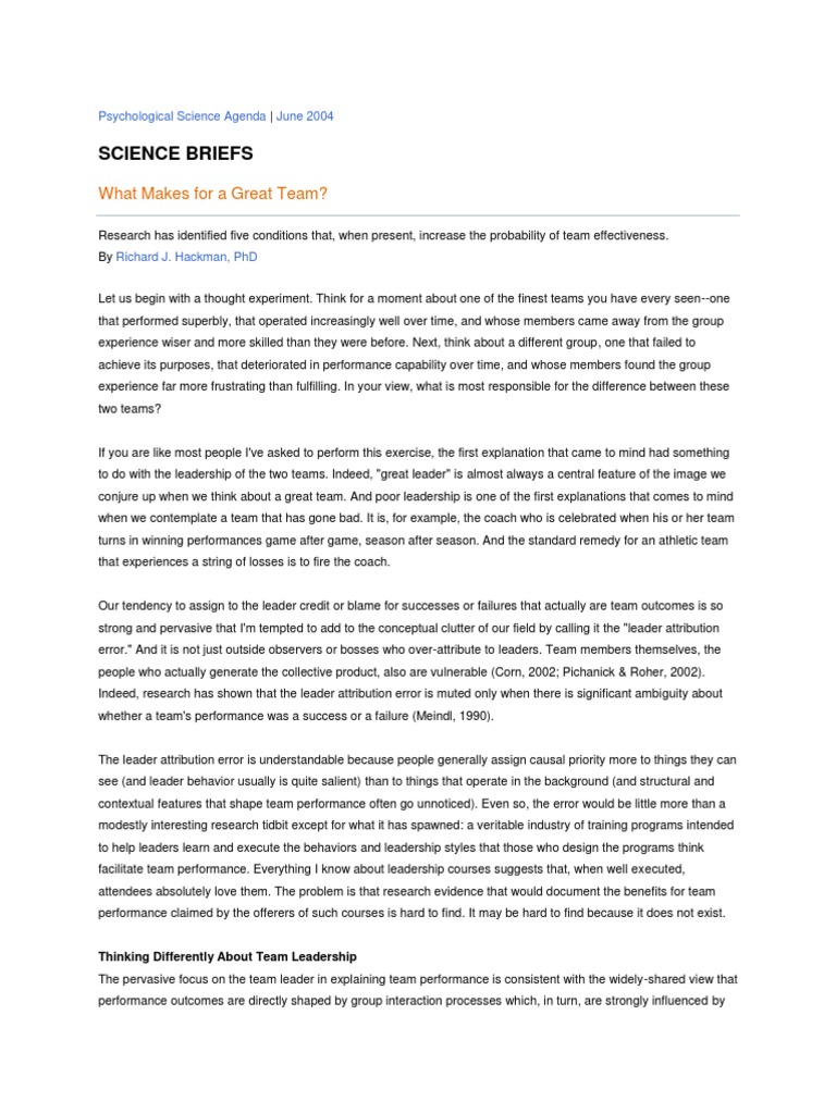 Hackman What Makes For A Great Team | PDF | Leadership | Causality