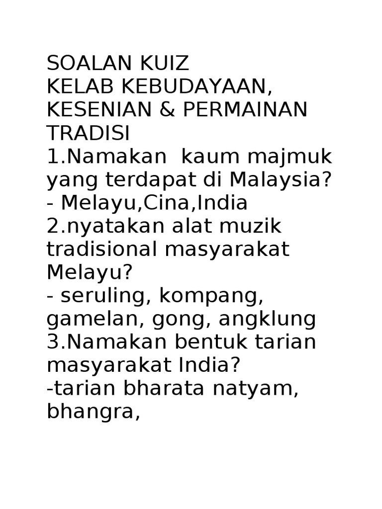 SOALAN KUIZ Kelab Kebudayaan | PDF