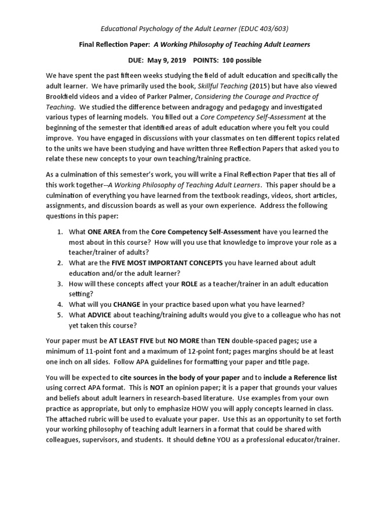 Final Reflection Paper General Psychology | PDF | Adult Education ...