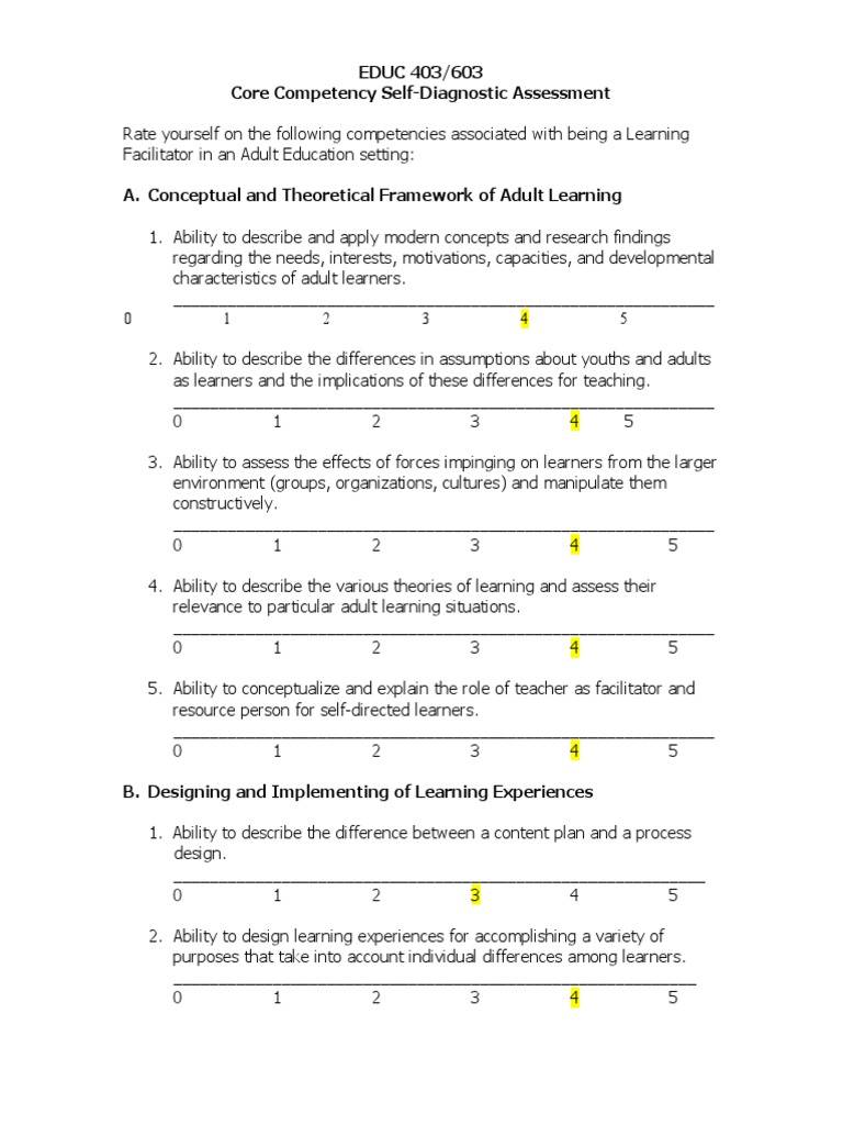 EDUC 403/603 Core Competency Self-Diagnostic Assessment | PDF | Adult ...