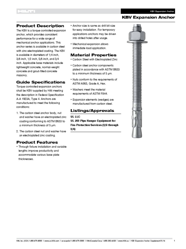 KBV Expansion Anchor Specifications Guide | PDF | Masonry | Concrete