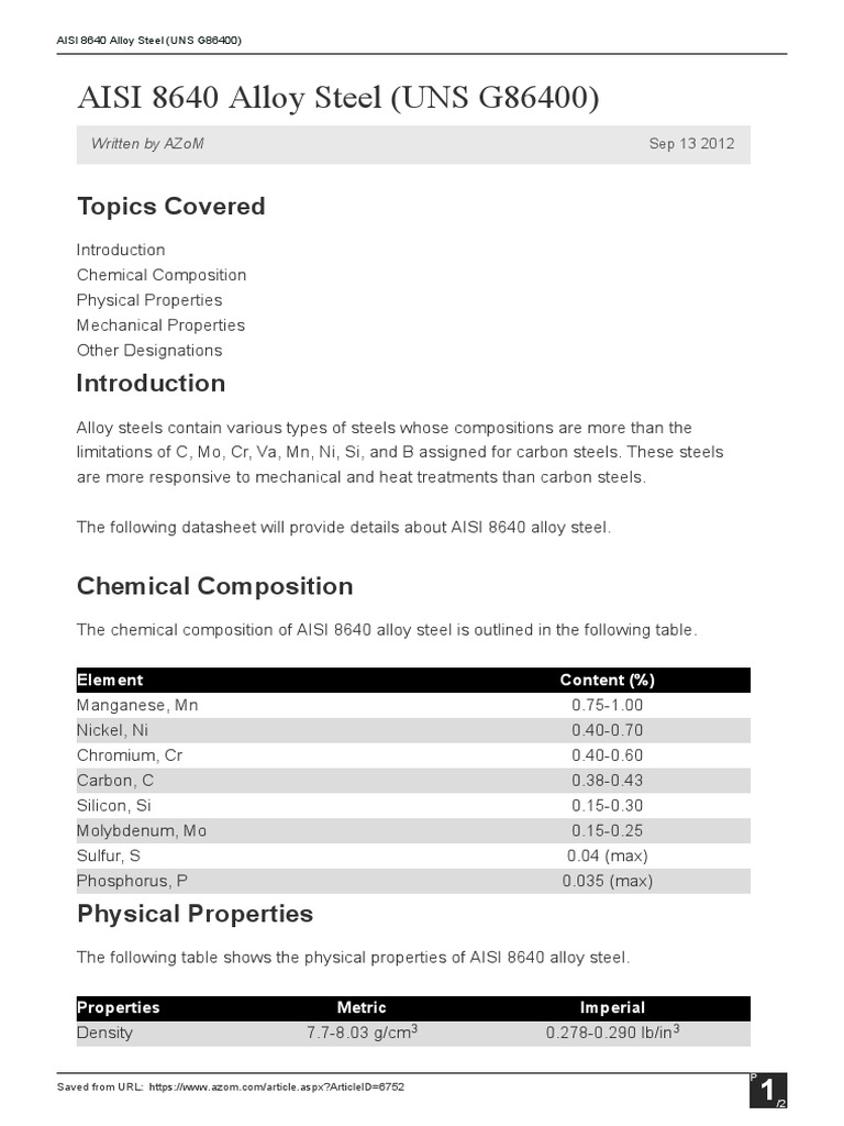 AISI 8640 Alloy Steel Properties | PDF | Alloy | Steel
