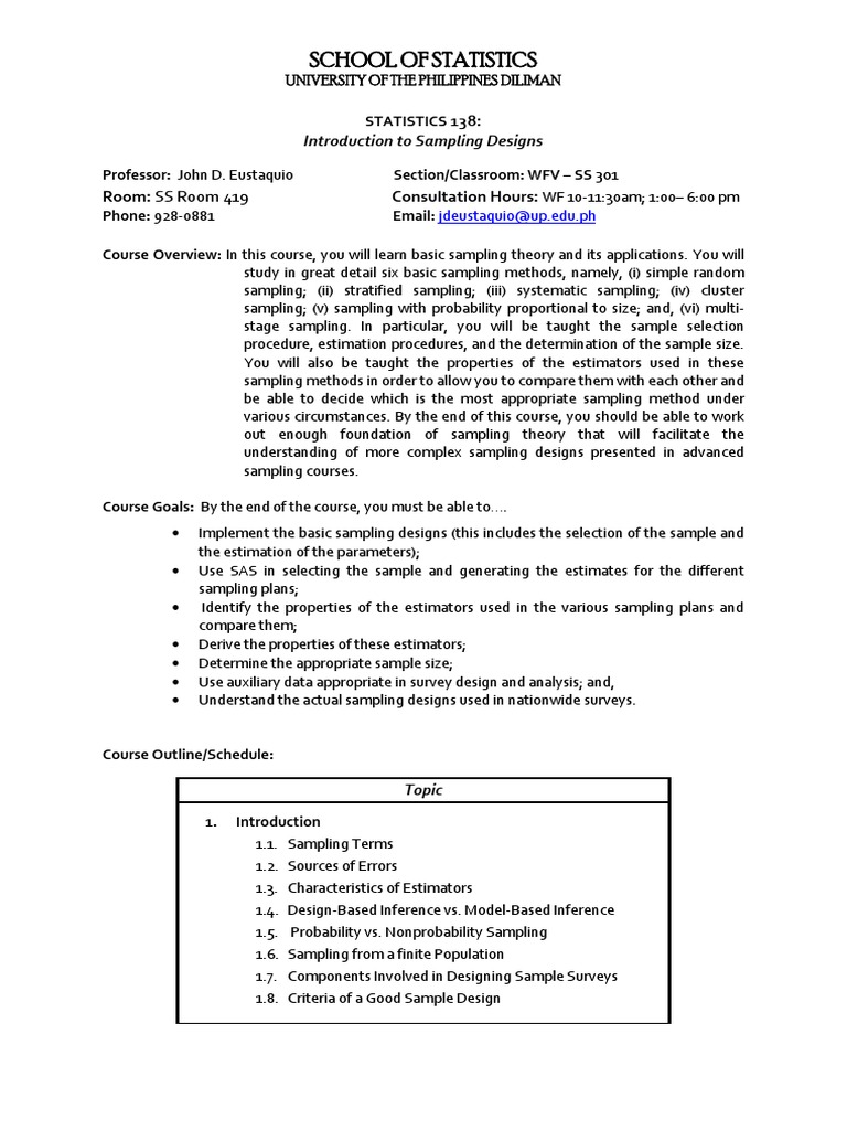 Stat 138 Course Syllabus Pdf Stratified Sampling Sampling Statistics