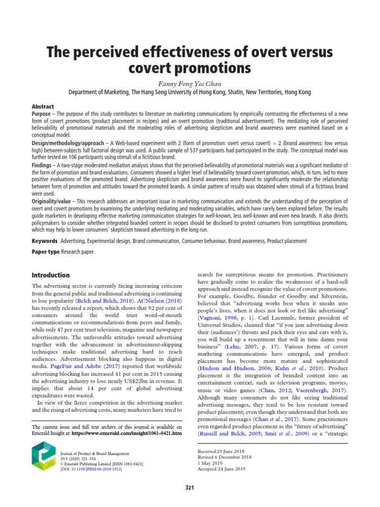 The Perceived Effectiveness of Overt Versus Covert Promotions | PDF ...