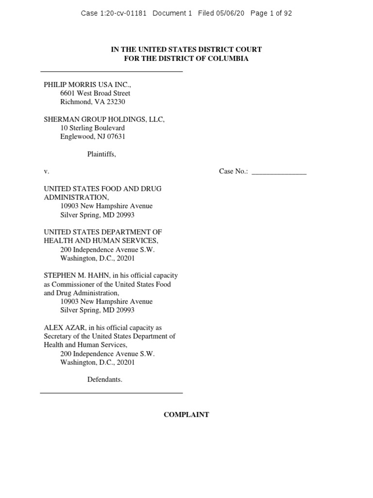 Philip Morris v. FDA - Complaint (Sans Exhibits) | PDF | Food And Drug ...