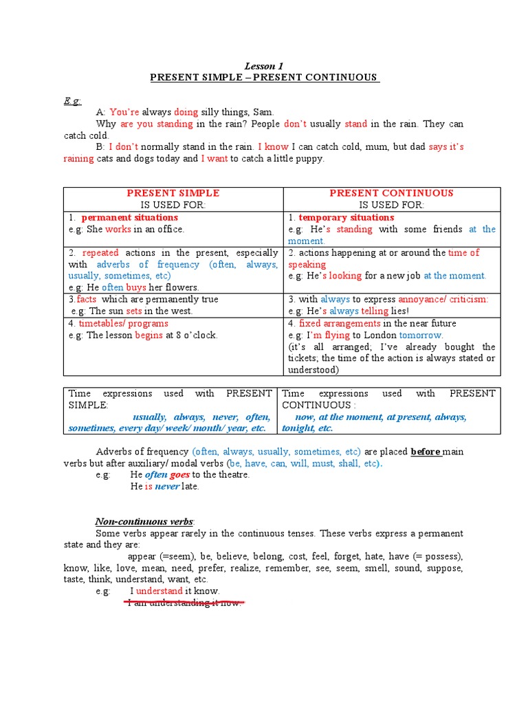 Lesson 1: Present Simple - Present Continuous | PDF | Verb | Syntax