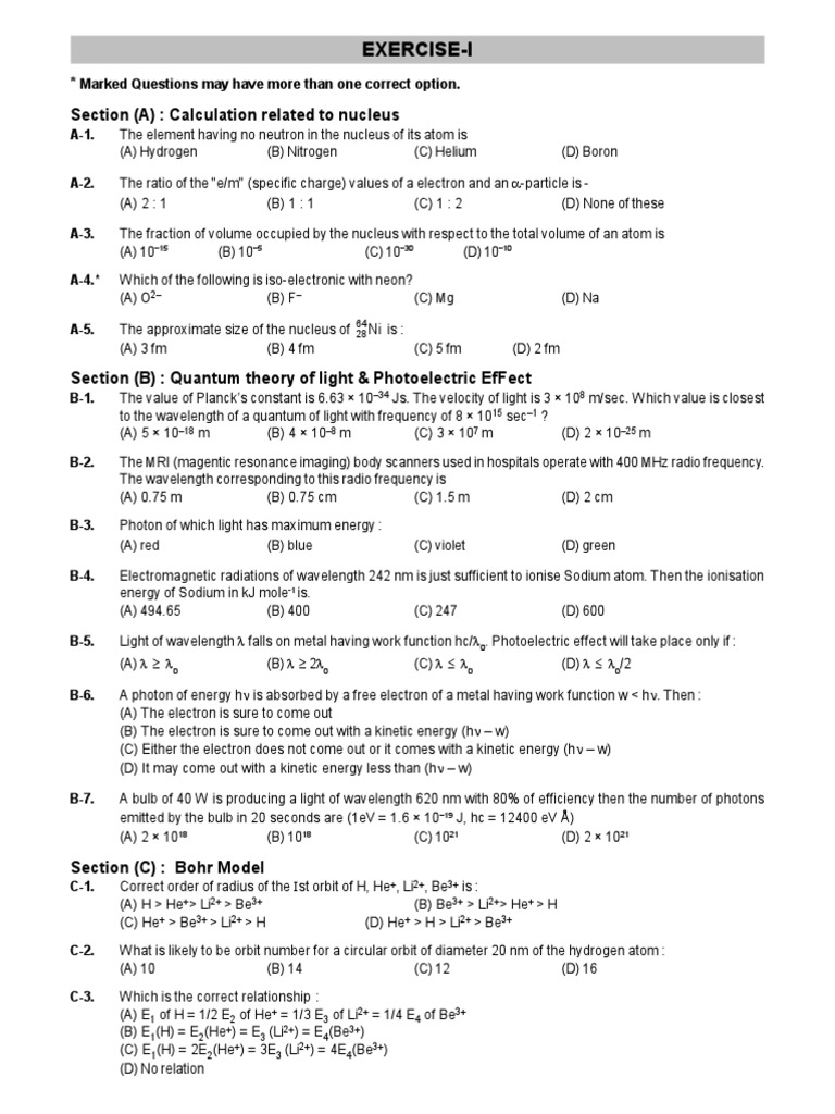 Exercise-I: Section (A) : Calculation Related To Nucleus | Download Free PDF | Electronvolt ...