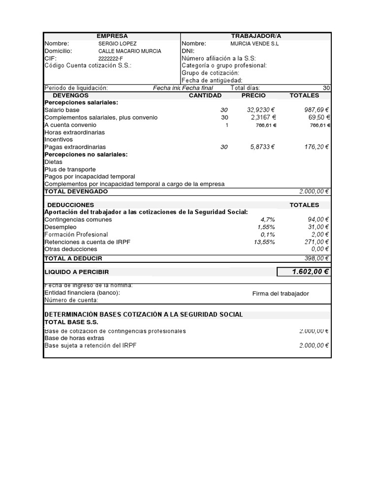 Plantilla de Confección de Una Nómina | PDF | Sueldos y salarios | Labor