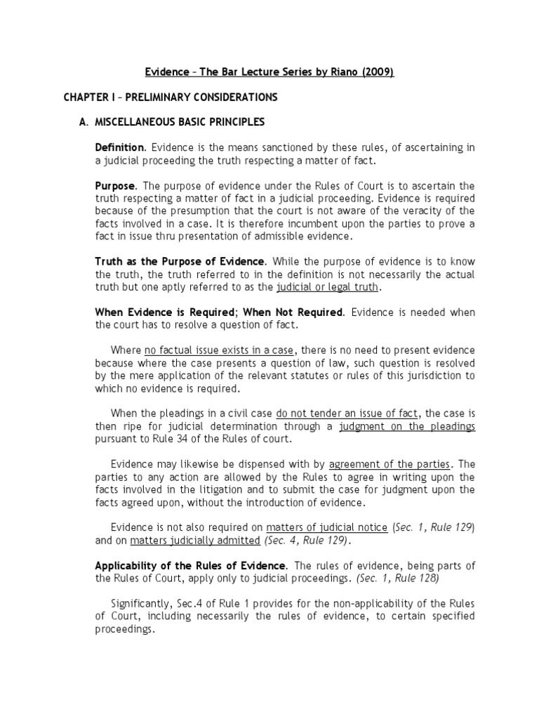 Evidence The Bar Lecture Series by Riano | PDF