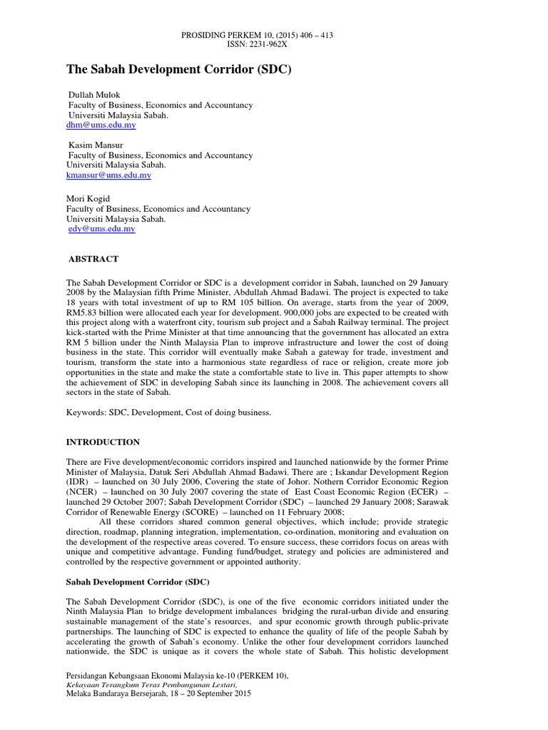 The Sabah Development Corridor (SDC) : Dullah Mulok | PDF | Economic ...