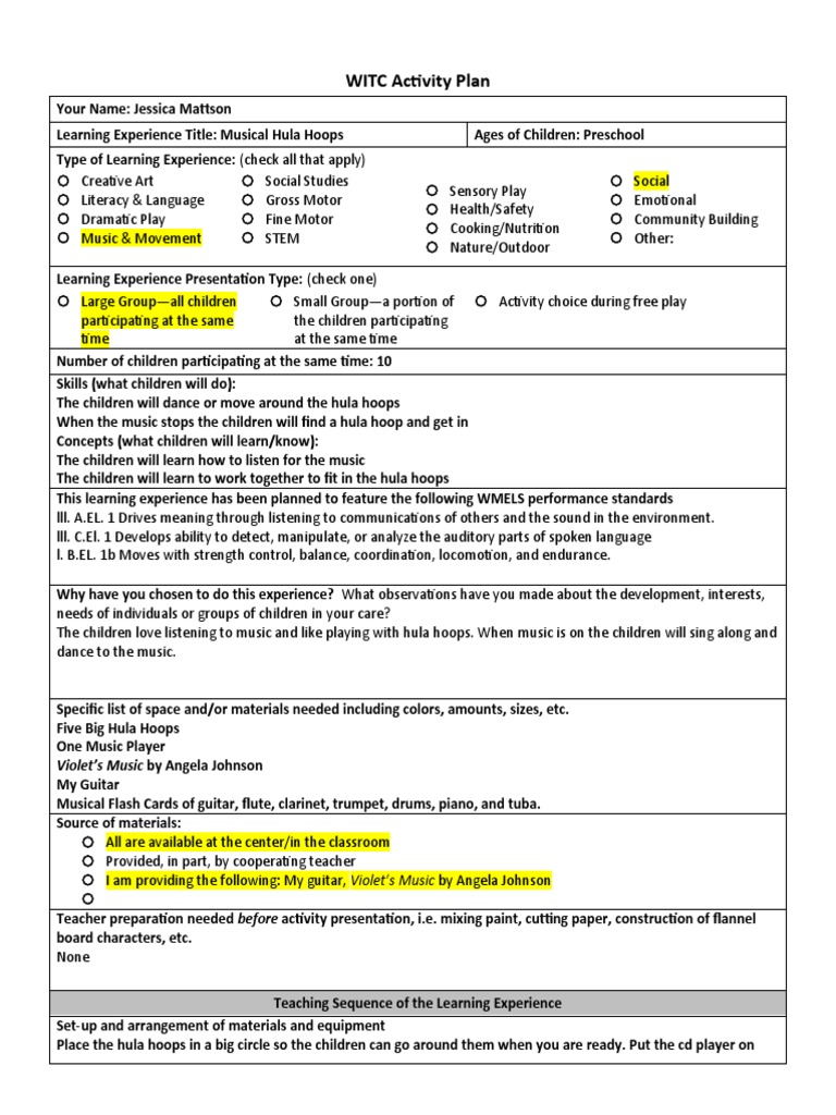 Music and Movement Activity Plan | PDF | Teachers | Classroom
