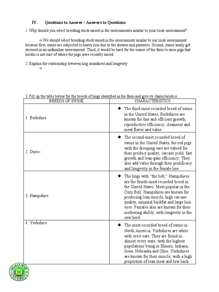 IV. Questions To Answer / Answers To Questions | PDF | Pig | Domestic Pig