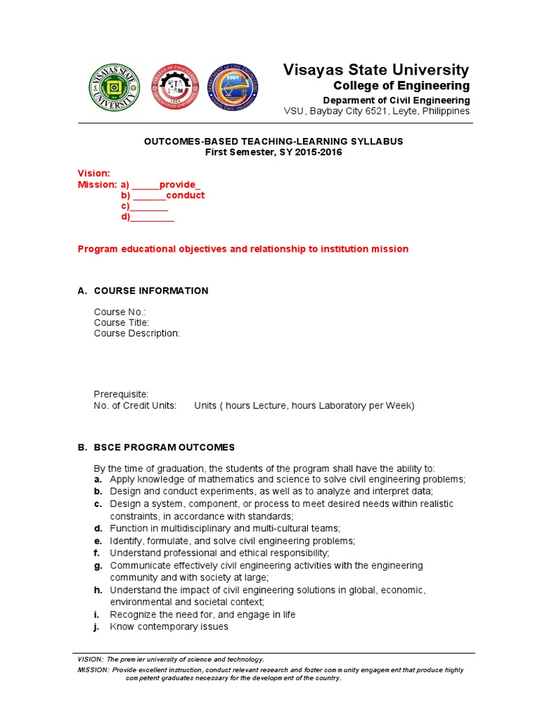 Course Syllabus CE Template (NEW - RCGUARTE) | PDF | Engineering | Lecture