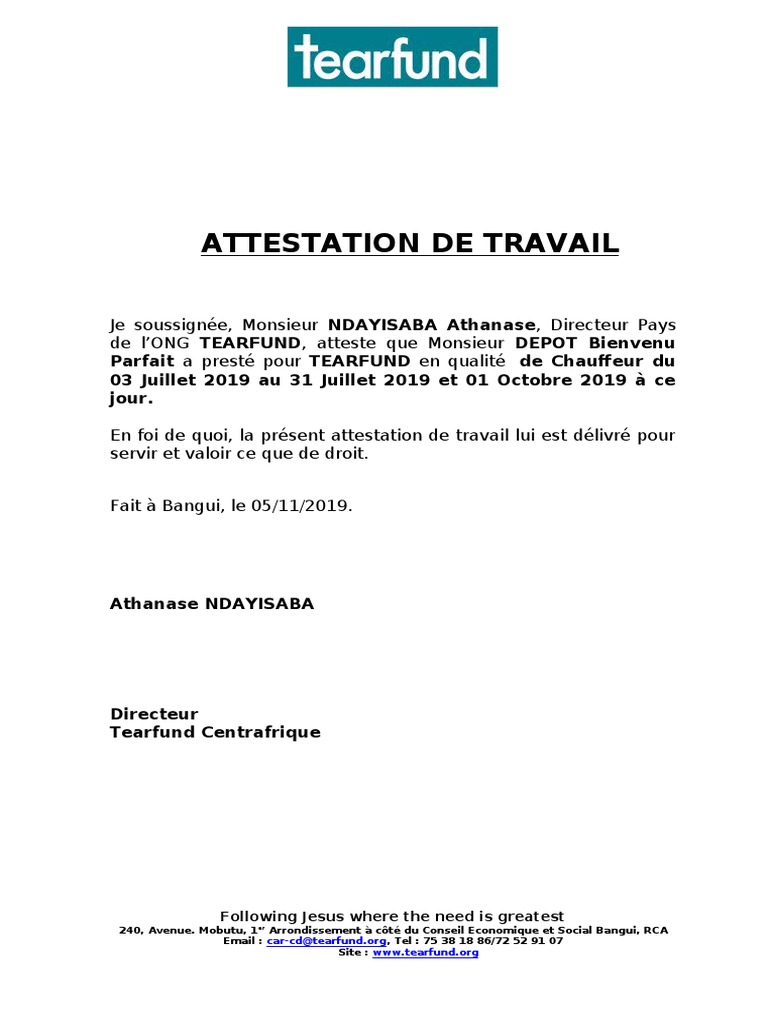 ATTESTATION DE SERVICE RENDU - DEPOT Bienvenu | PDF