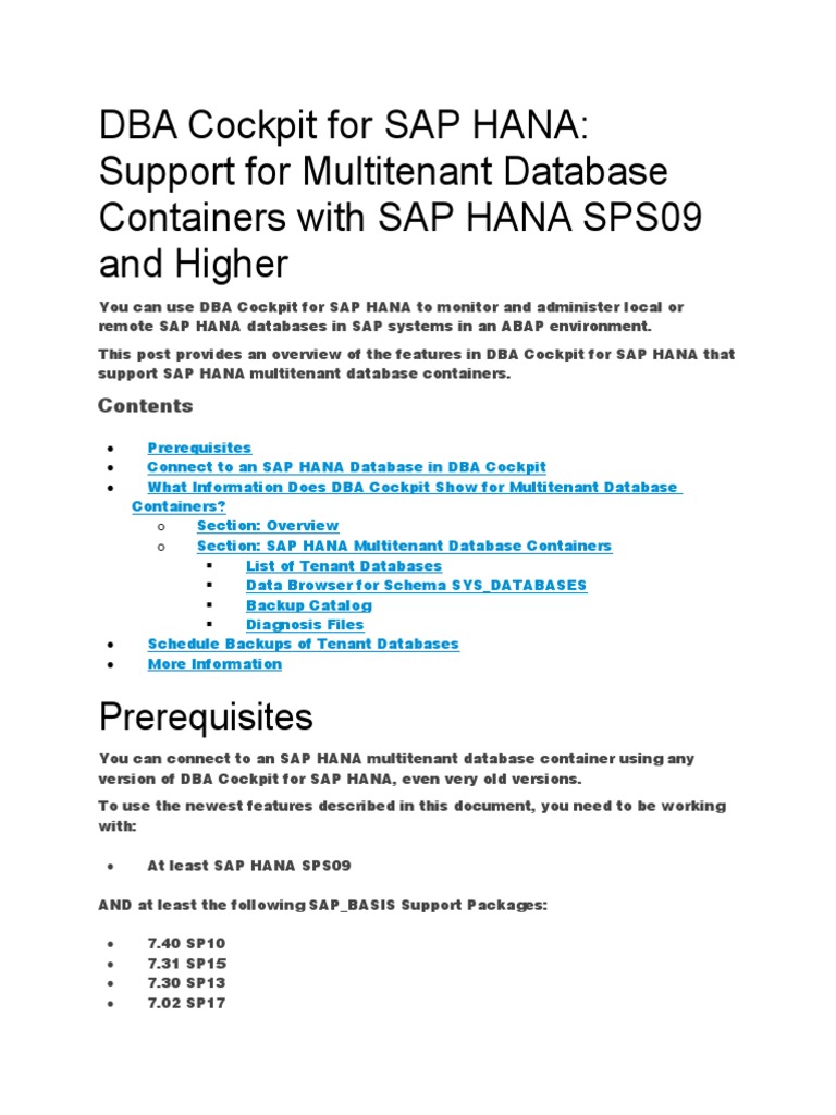 DBA Cockpit for SAP HANA Overview | PDF | Databases | Backup