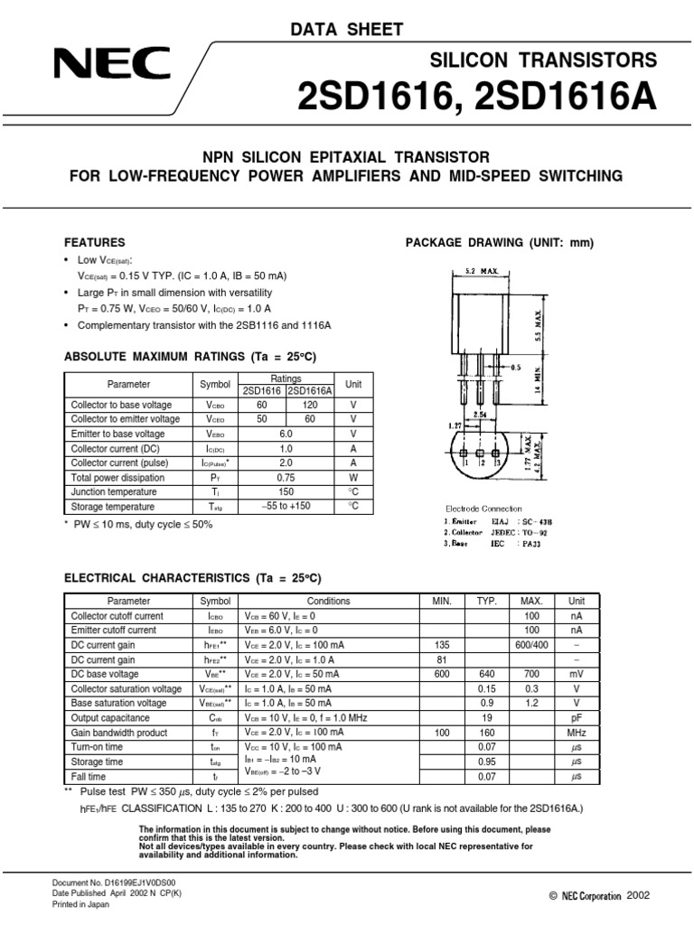 2SD1616, 2SD1616A: Silicon Transistors | PDF | Bipolar Junction Transistor | Manufactured Goods