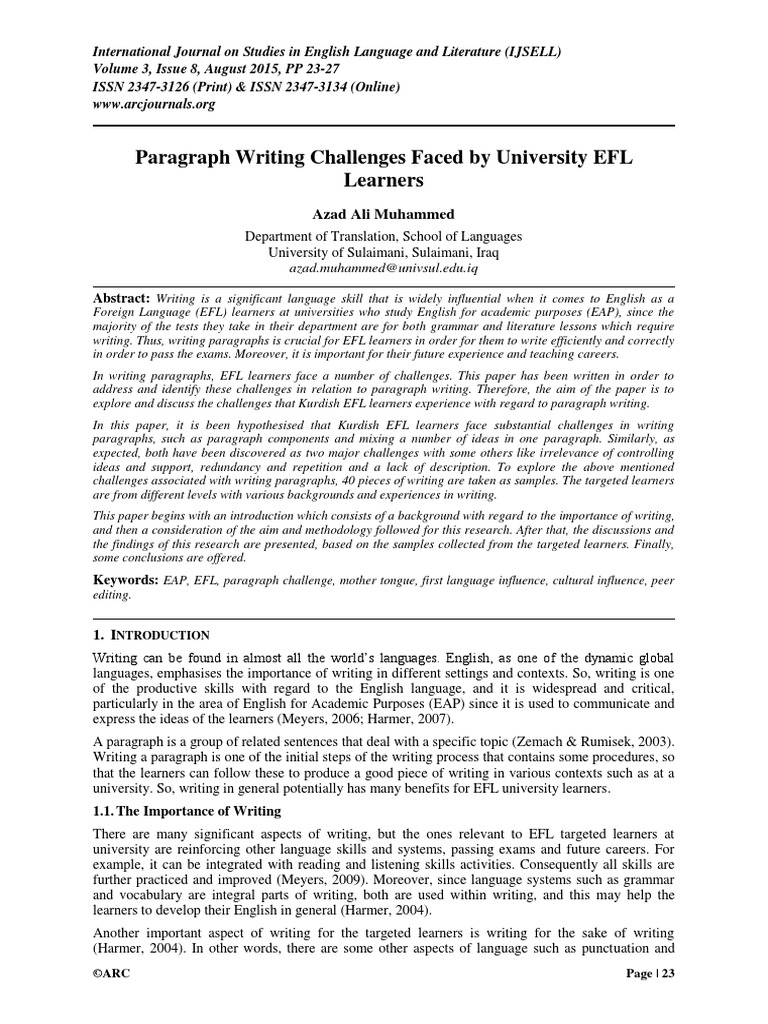 Paragraph Writing Challenges Faced by University EFL Learners | PDF ...
