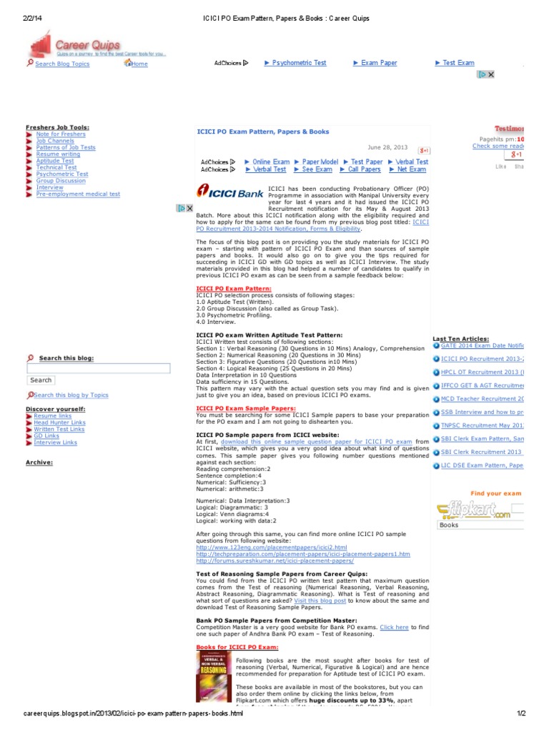 ICICI PO Exam Pattern, Papers & Books - Career Quips | PDF | Data ...