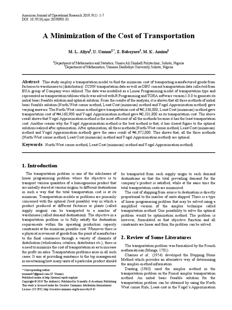 A Minimization of The Cost of Transportation: M. L. Aliyu, U. Usman, Z. Babayaro, M. K. Aminu ...